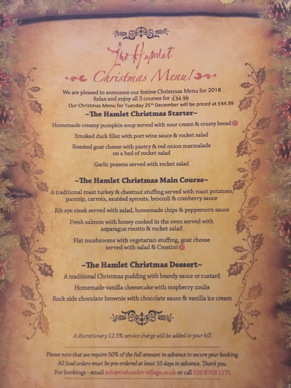 Menu at Hamlet Bar Lounge & Restaurant, London