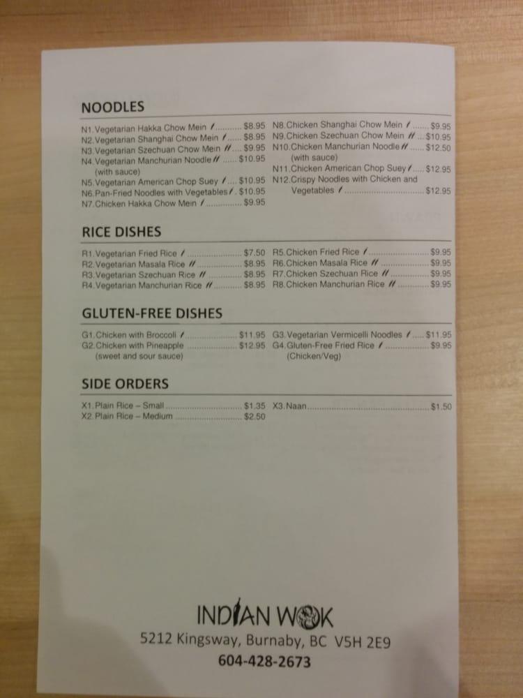 Menu at Indian Wok restaurant, Burnaby