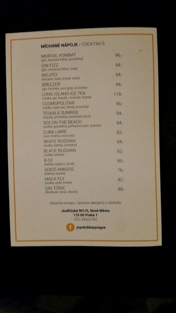 Menu at Joystick Bar, Prague