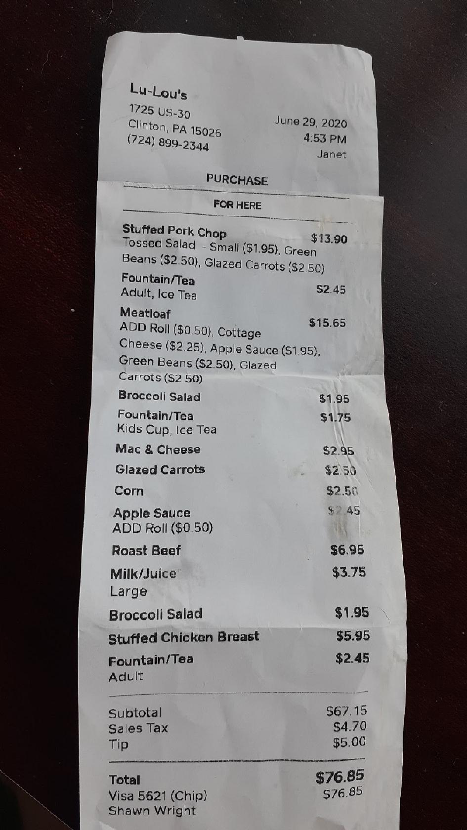 Menu at Lu-Lou's pizzeria, Clinton