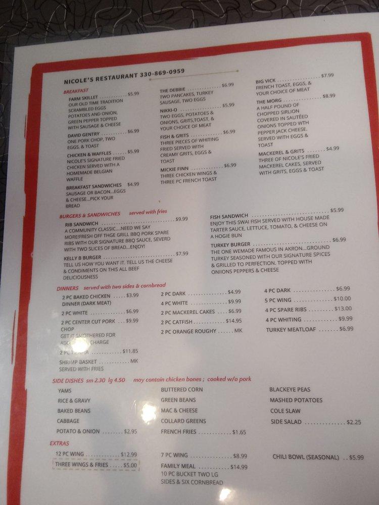 Menu at Nicole's Restaurant, Akron