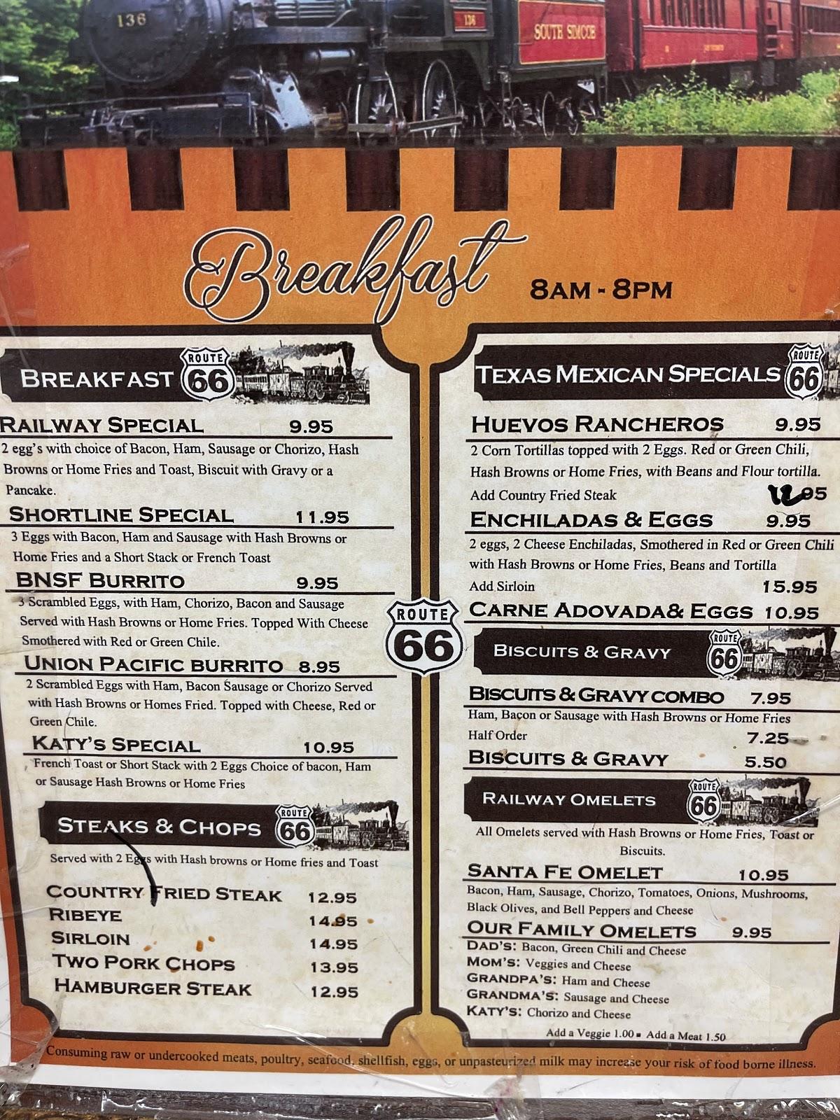 Menu at Route 66 Railway Cafe, Gallup