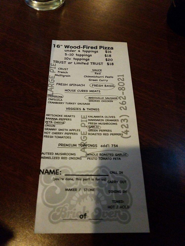 Carta de pizzería Scratch Brick Oven, Johnson City