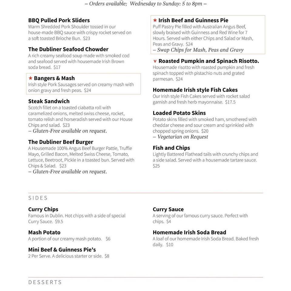 Menu at The Dubliner in Mornington pub & bar, Mornington