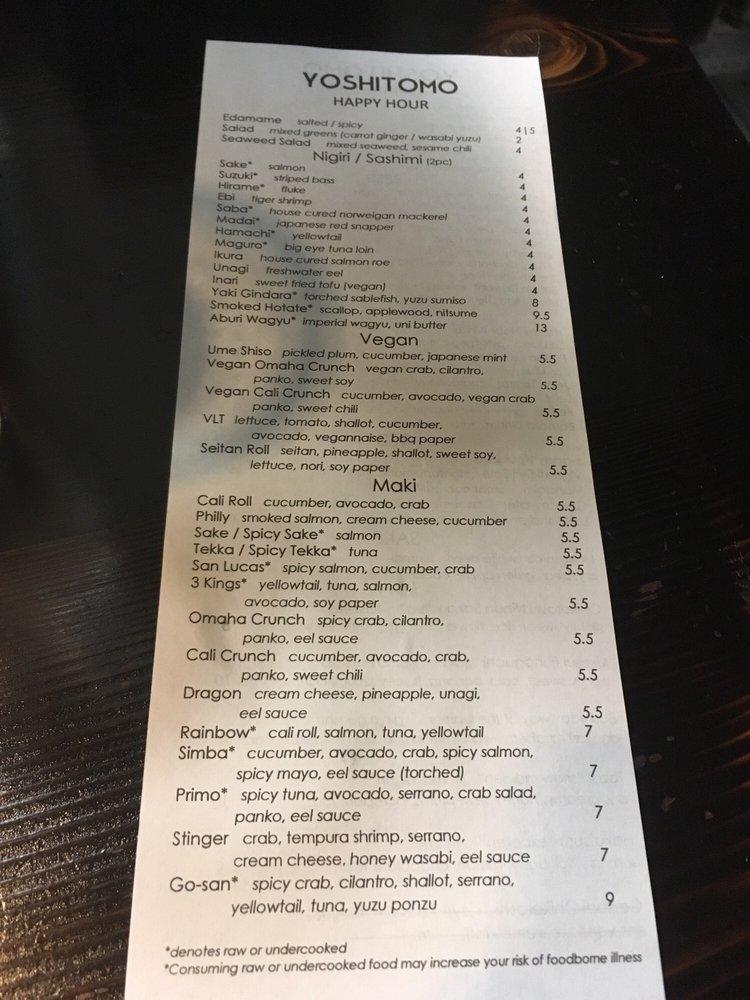 Carta del restaurante Yoshitomo, Omaha