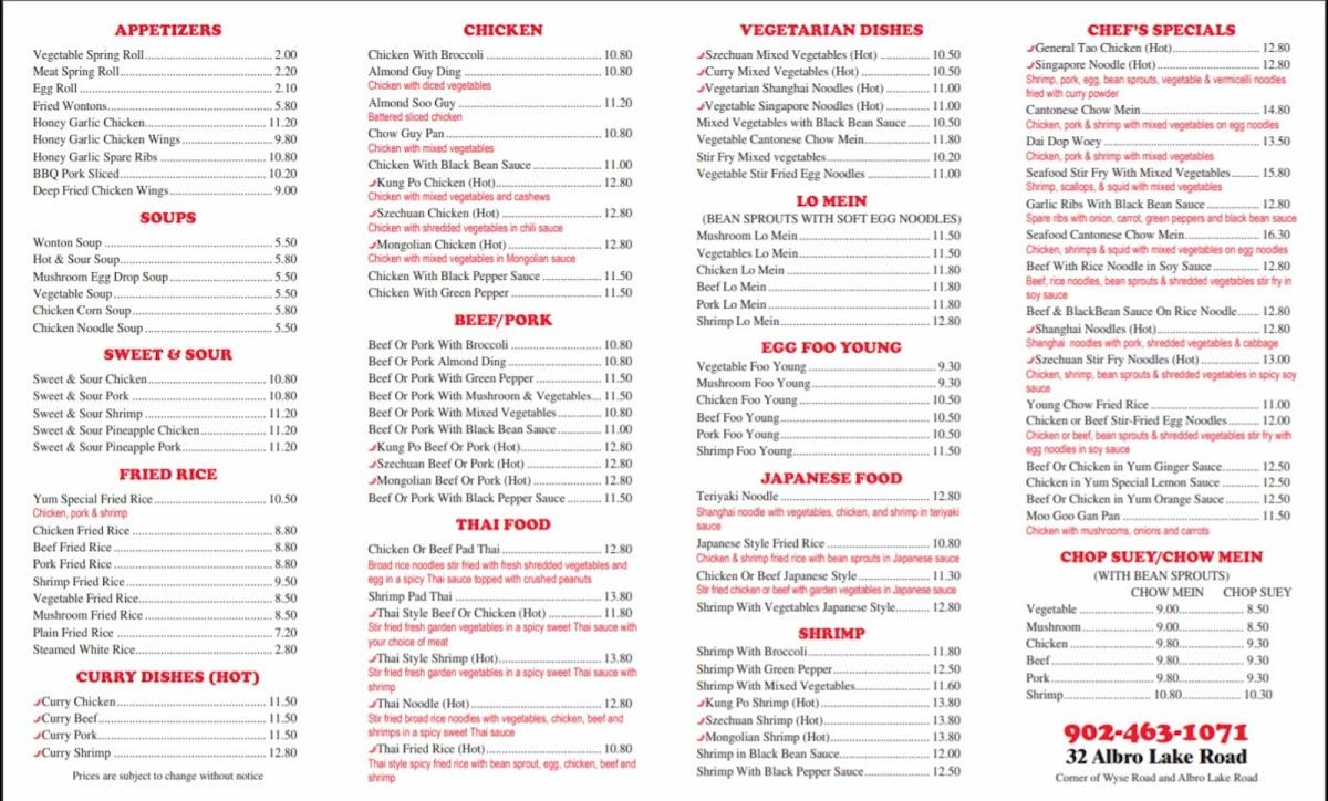 Menu at Yum yum Chinese restaurant, Dartmouth