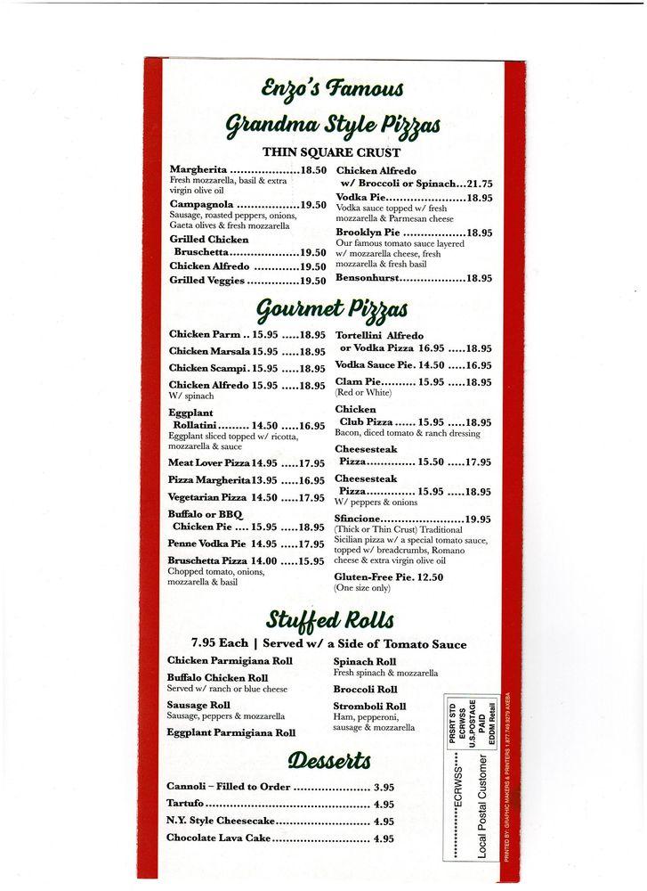 Menu at Enzo's New York Square pizzeria, Elkton