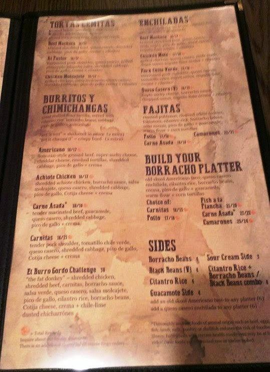 Menu at Guy Fieri's El Burro Borracho restaurant, Laughlin