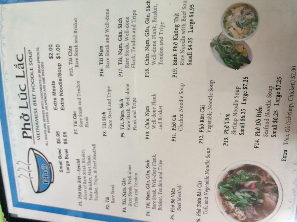 Menu at Phở Lúc Lắc restaurant, Houston