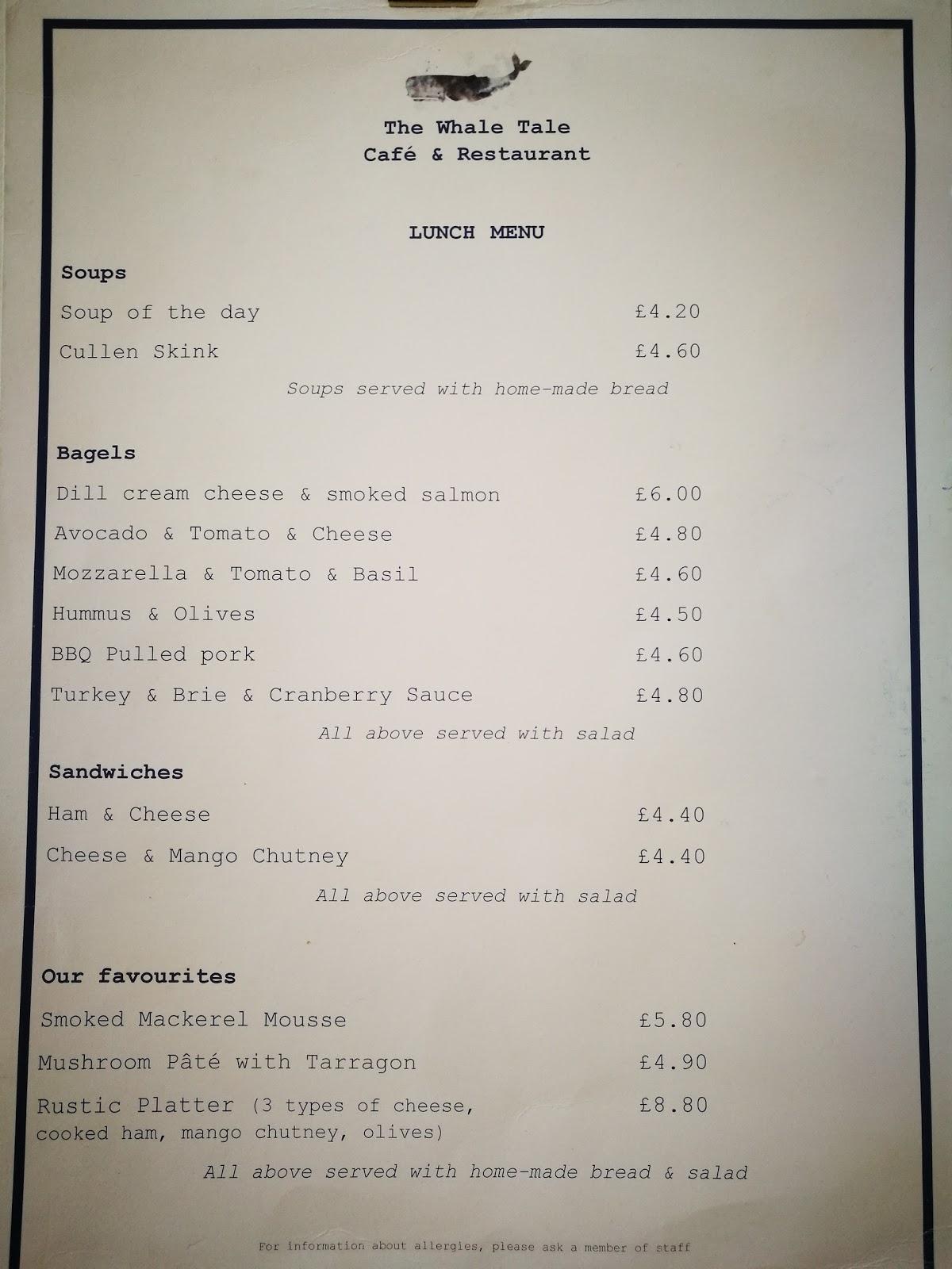 Menu at The Whale Tale restaurant, Scourie