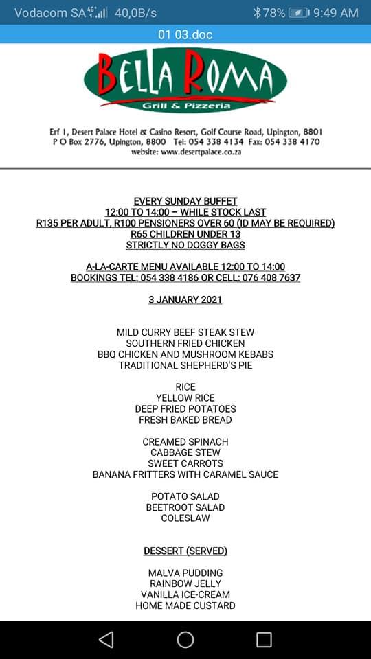 Menu at Bella Roma Grill & Pizzeria, Upington