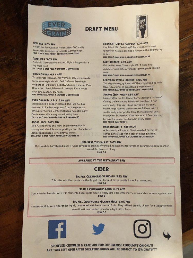 Menu at Ever Grain Brewing pub & bar, Camp Hill