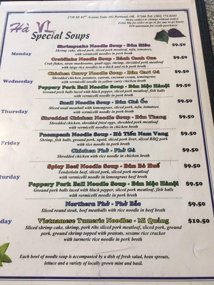Menu at HA VL Vietnamese Noodle Soup restaurant, Portland