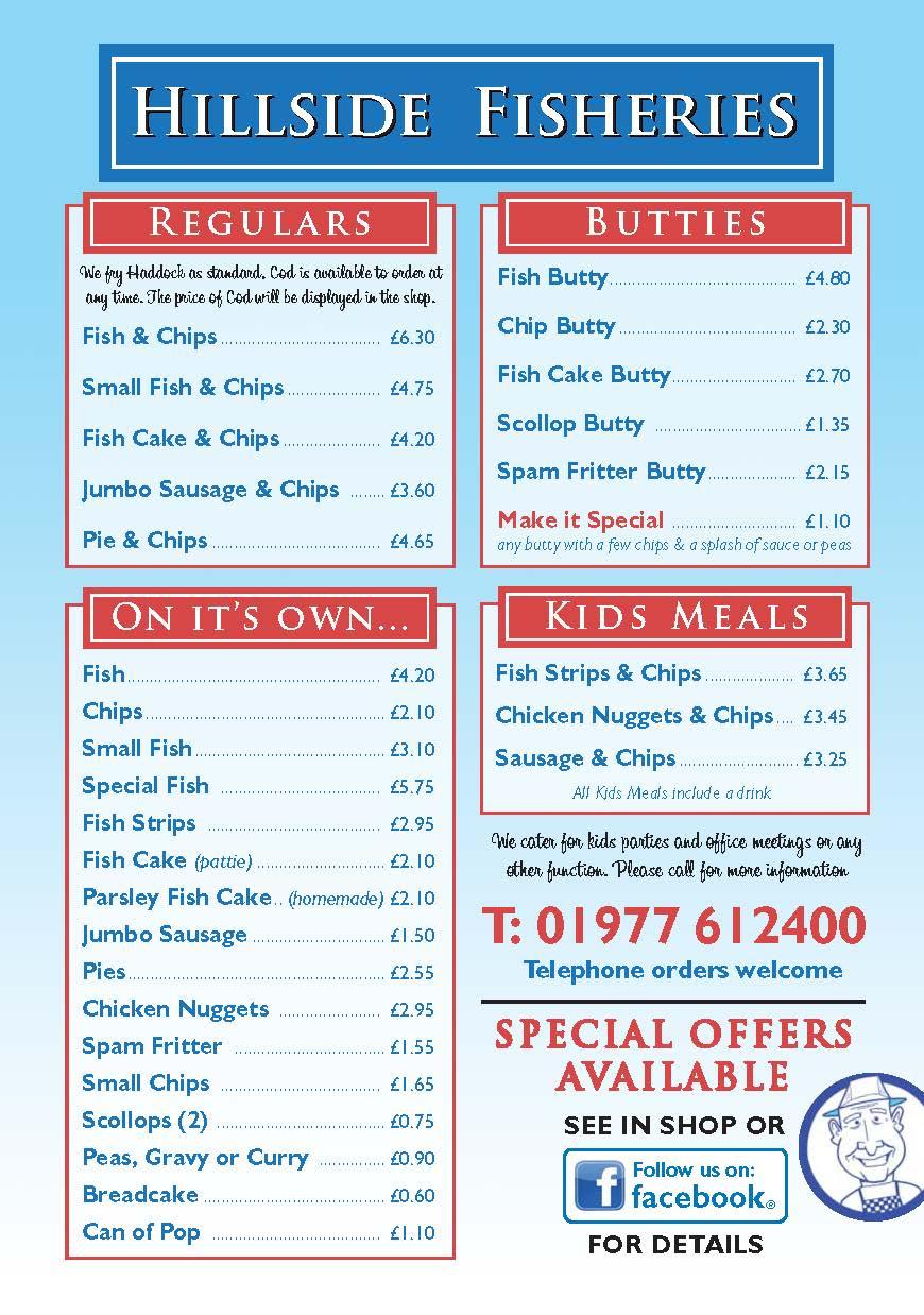 Menu at Hillside Fisheries restaurant, Pontefract