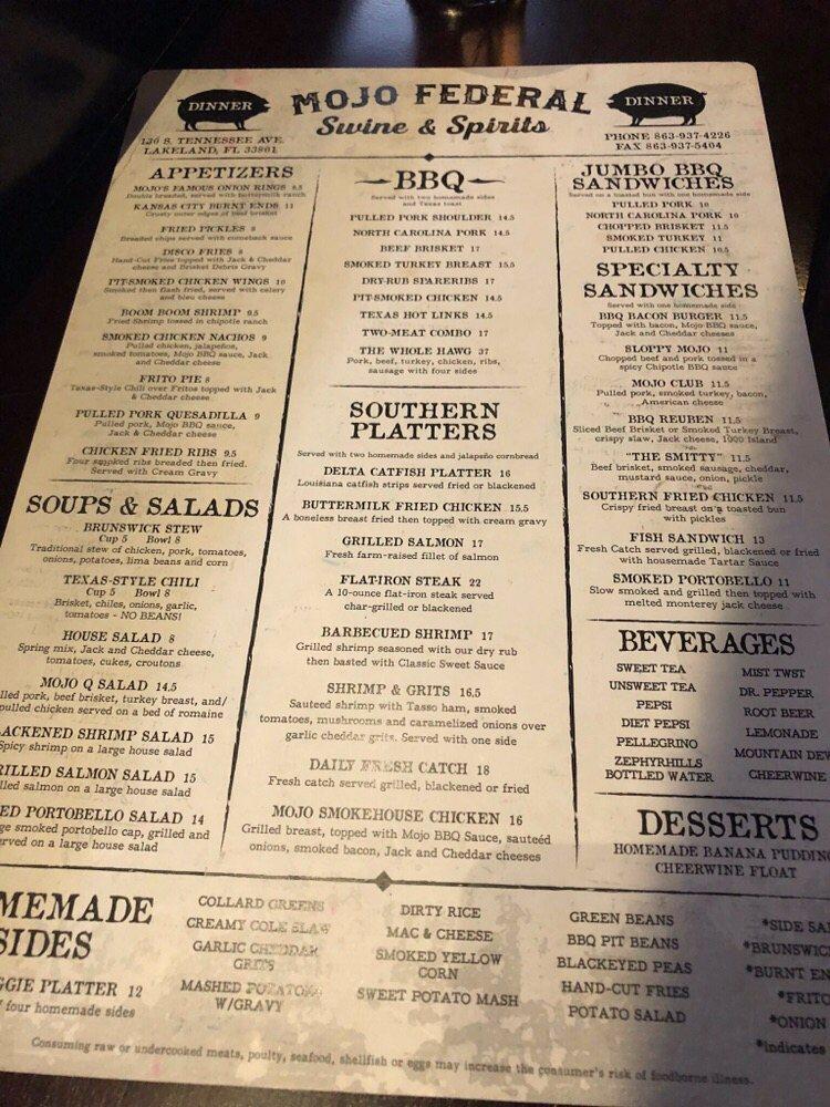 Menu at Mojo Federal Swine & Spirits BBQ, Lakeland