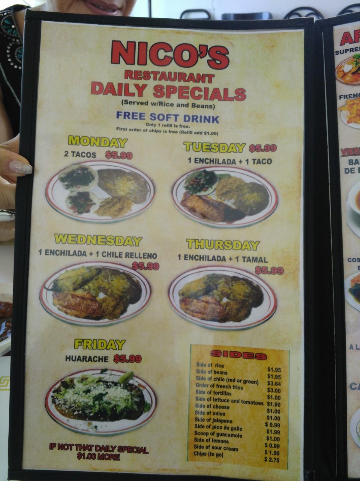 Menu at Nico's Restaurant, Salt Lake City