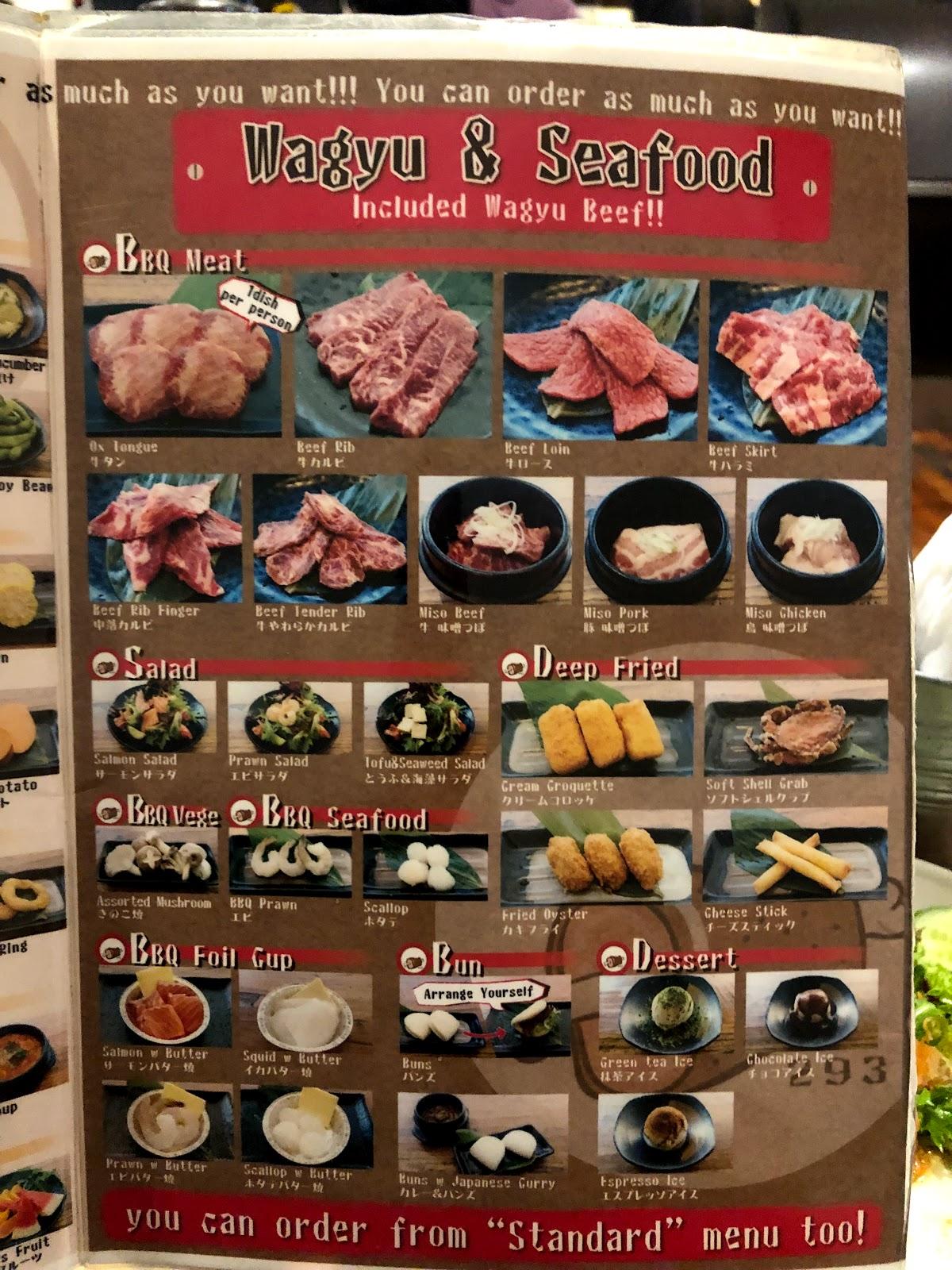 Menu at Nikuzo Japanese BBQ, Bondi Junction