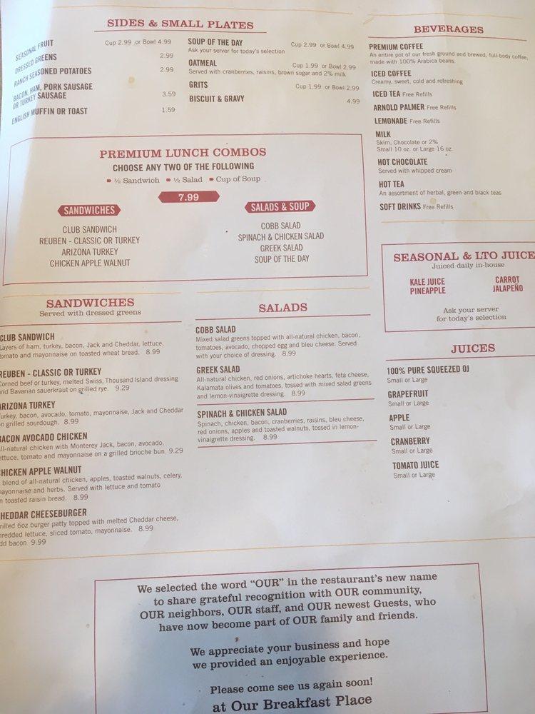 Menu at Our Breakfast Place restaurant, Waco
