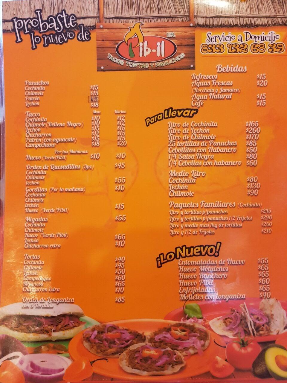 Menu at Pib-il restaurant, Tampico, Pinos