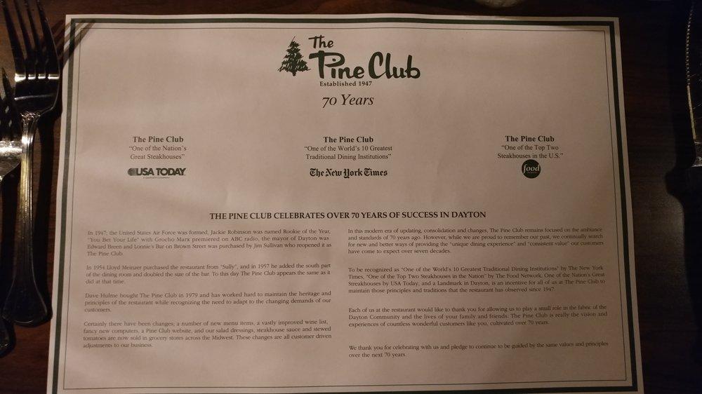 Menu at Pine Club, Dayton