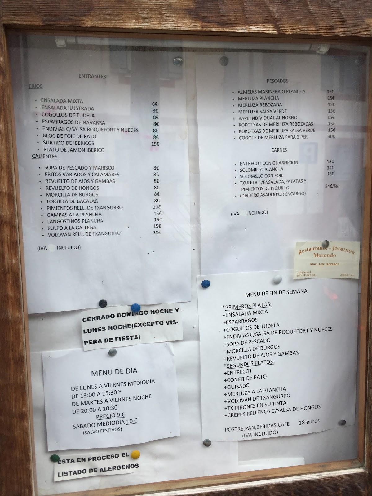 Carta del restaurante Morondo, Irun