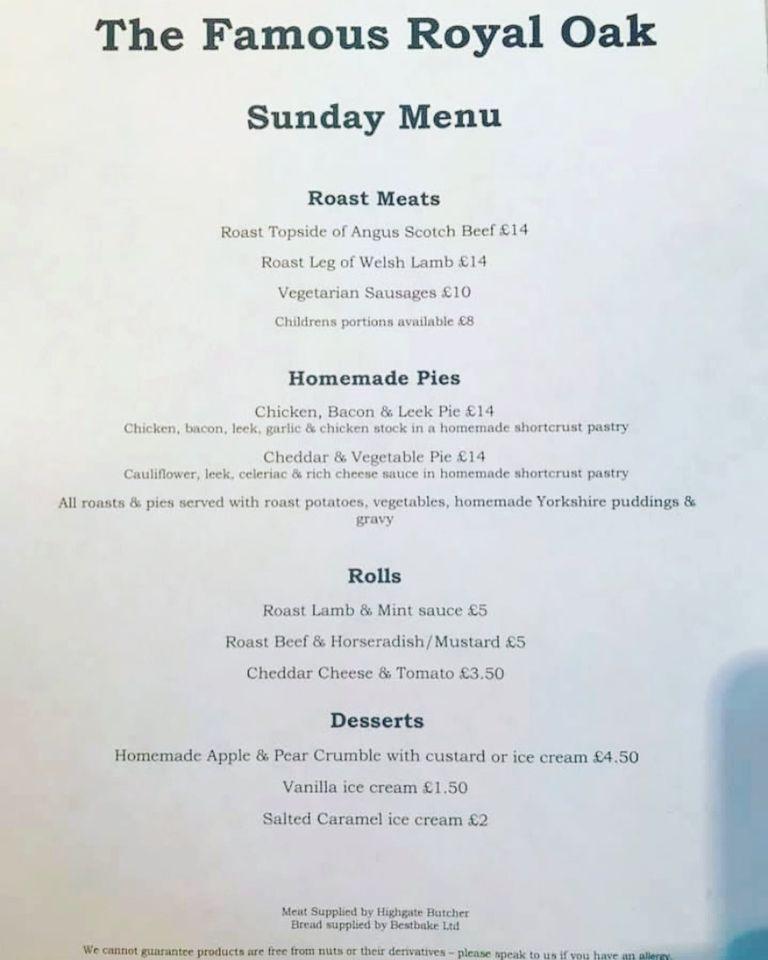 Menu at The Famous Royal Oak pub & bar, London