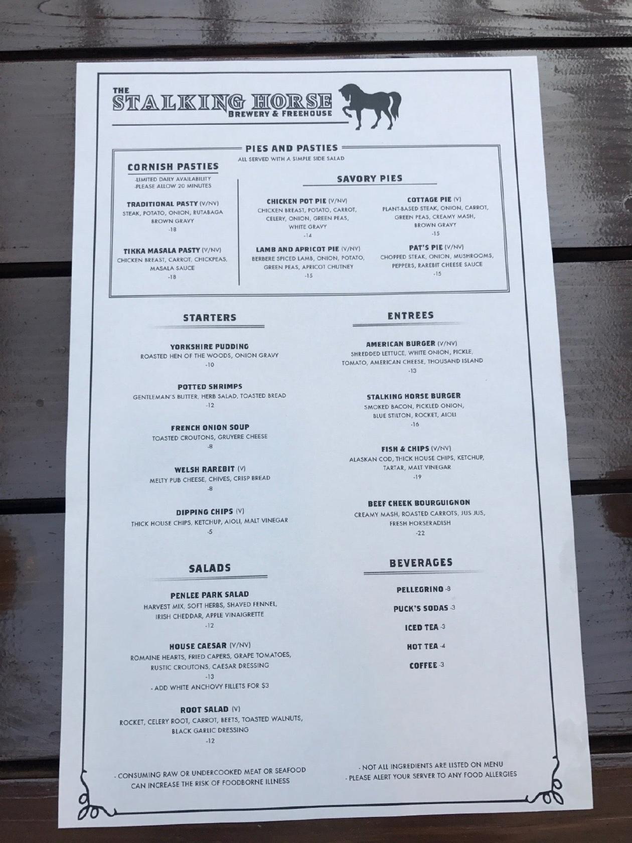 Menu at The Stalking Horse Brewery & Freehouse pub & bar, Los Angeles