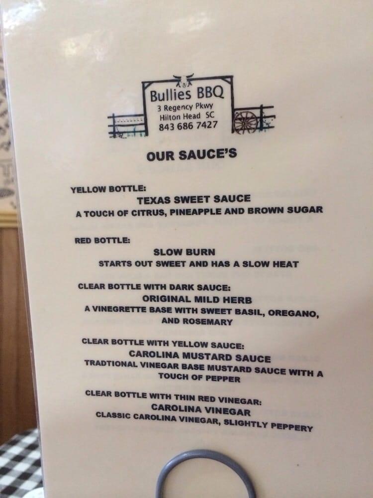 Menu at Bullies BBQ, Hilton Head Island