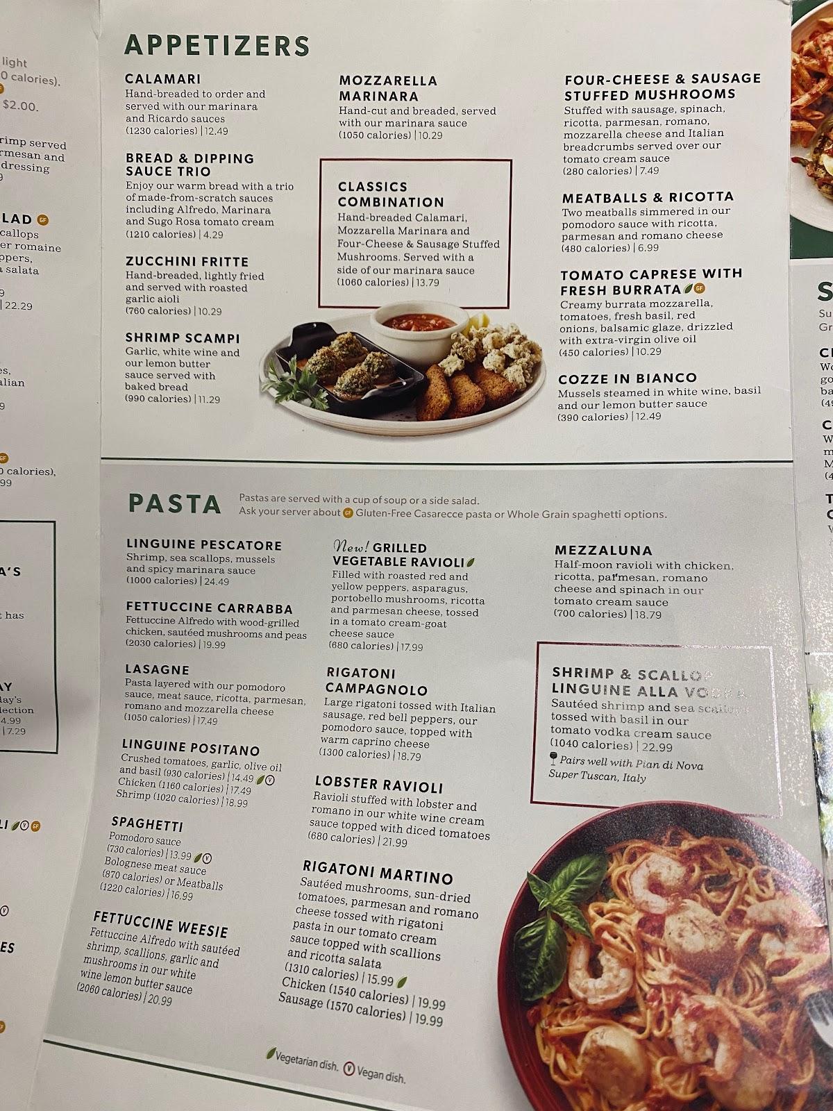 Menu at Carrabba's Italian Grill restaurant, Myrtle Beach