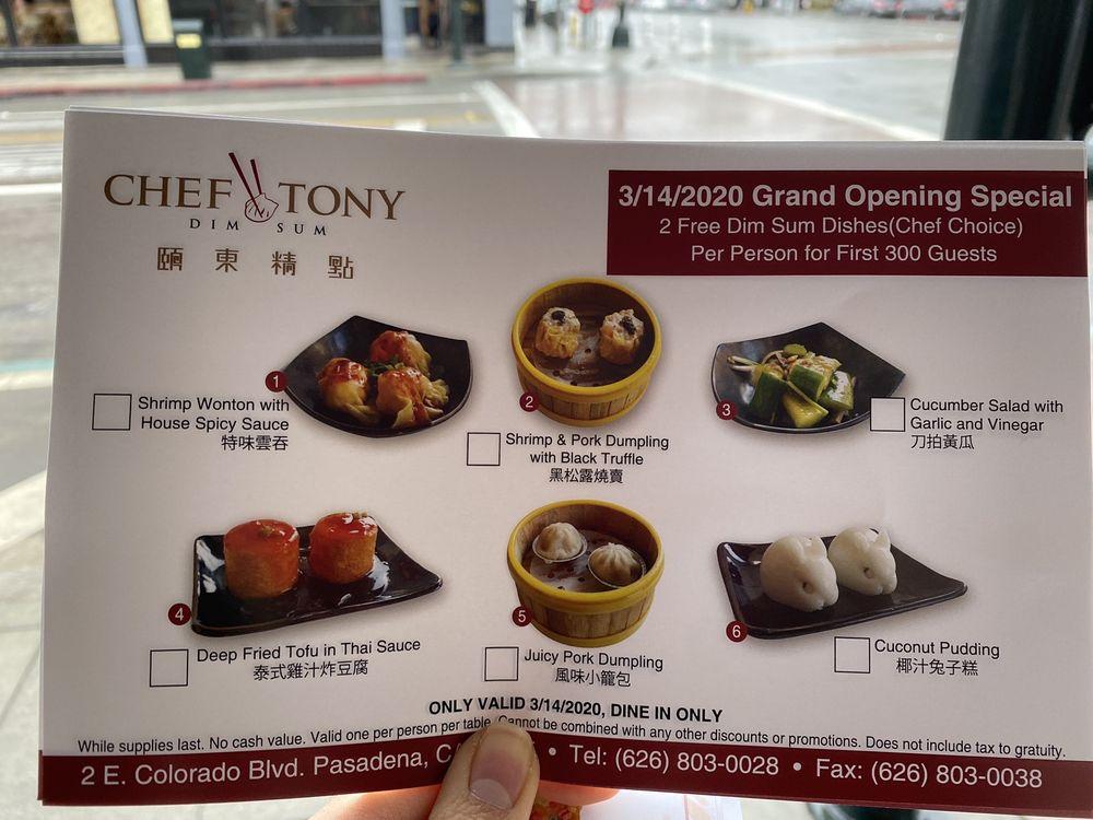 Menu at Chef Tony restaurant, Pasadena