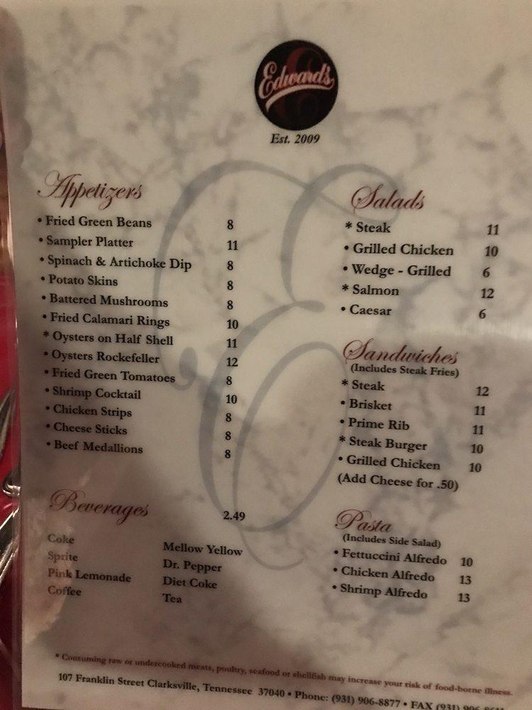 Menu at Edward's Steakhouse, Clarksville