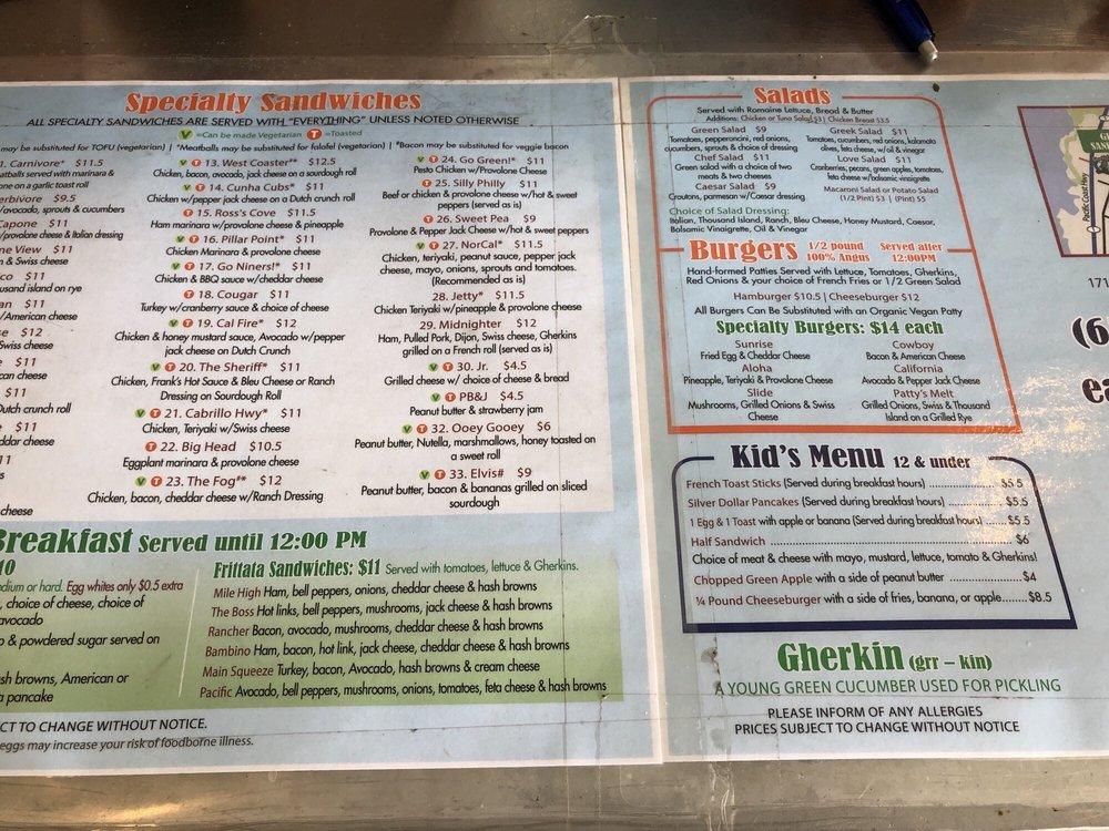 Menu at Gherkin's Sandwich Shop fast food, Montara