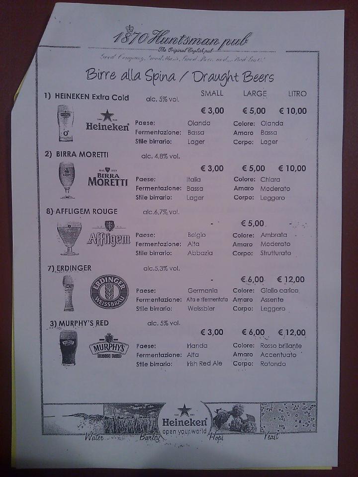 Menu at Huntsman Pub, Turin