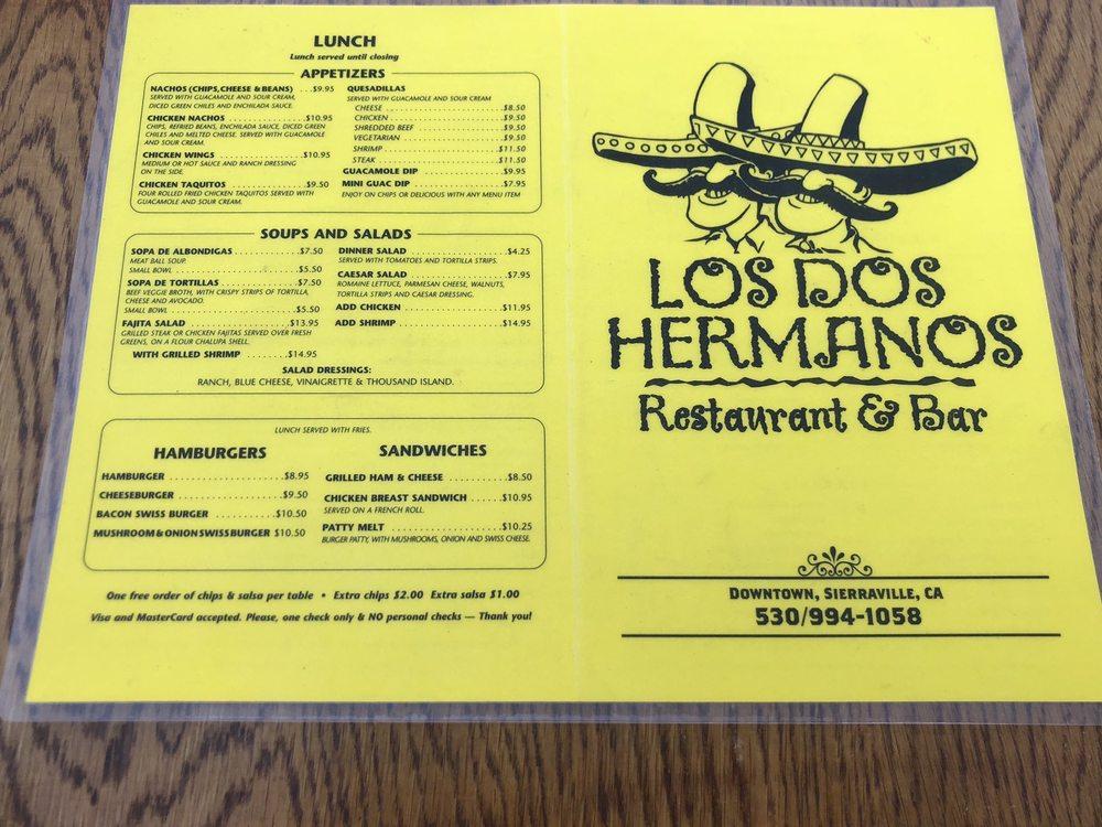 Menu at Los Dos Hermanos restaurant, Sierraville, 101 Battelle St