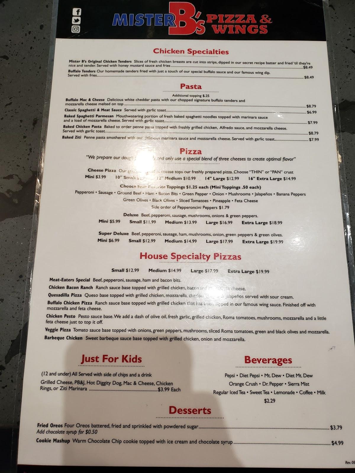 Menu at Mister B's Pizza & Wings restaurant, Evansville