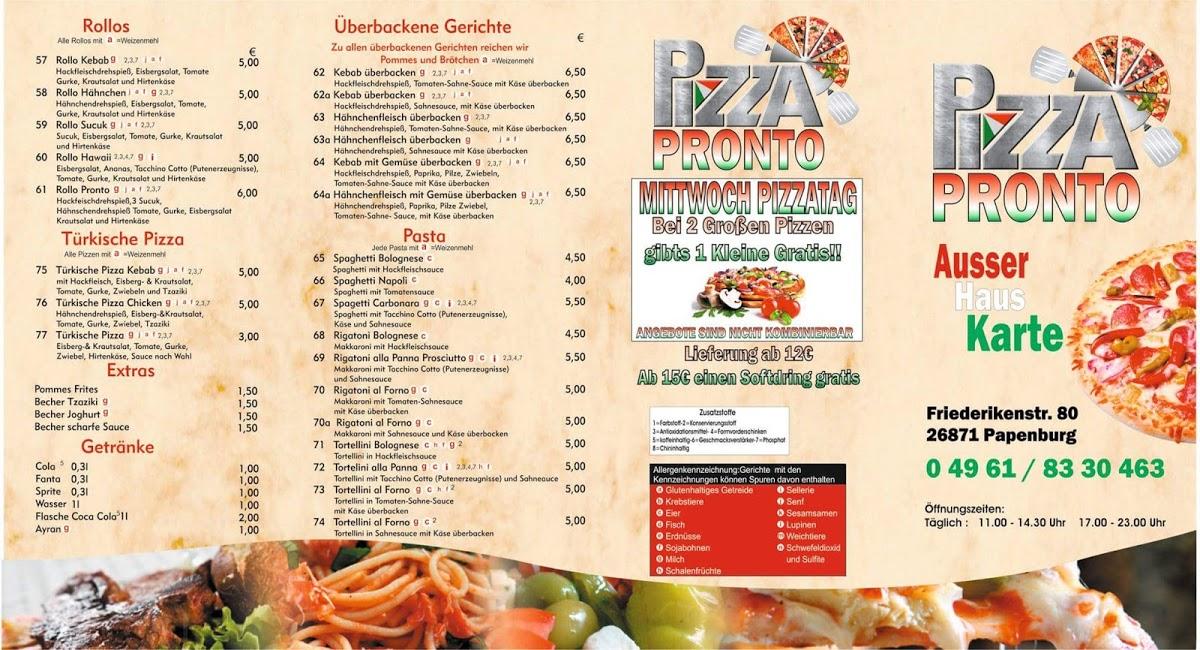 Menu at Pizza Pronto, Papenburg