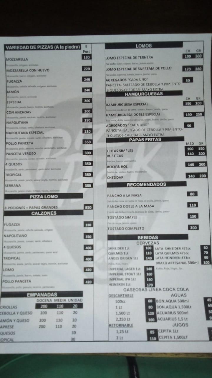 Menu at Pizza Rock restaurant, Las Heras