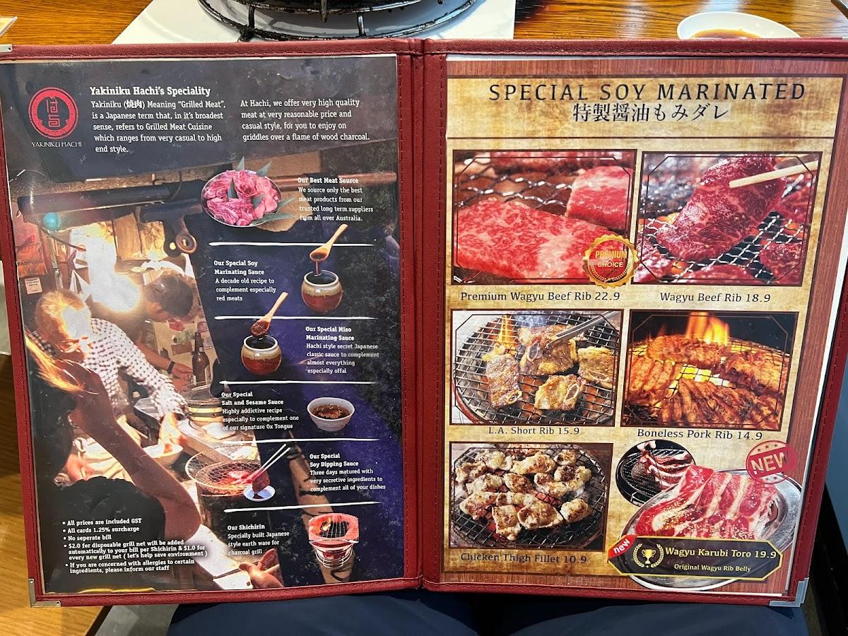 Menu at Yakiniku Hachi restaurant, Brisbane City