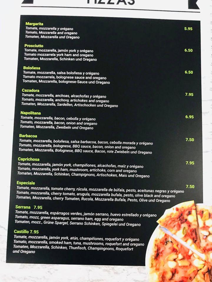 Menu at pizzeria el castillo, Torrox