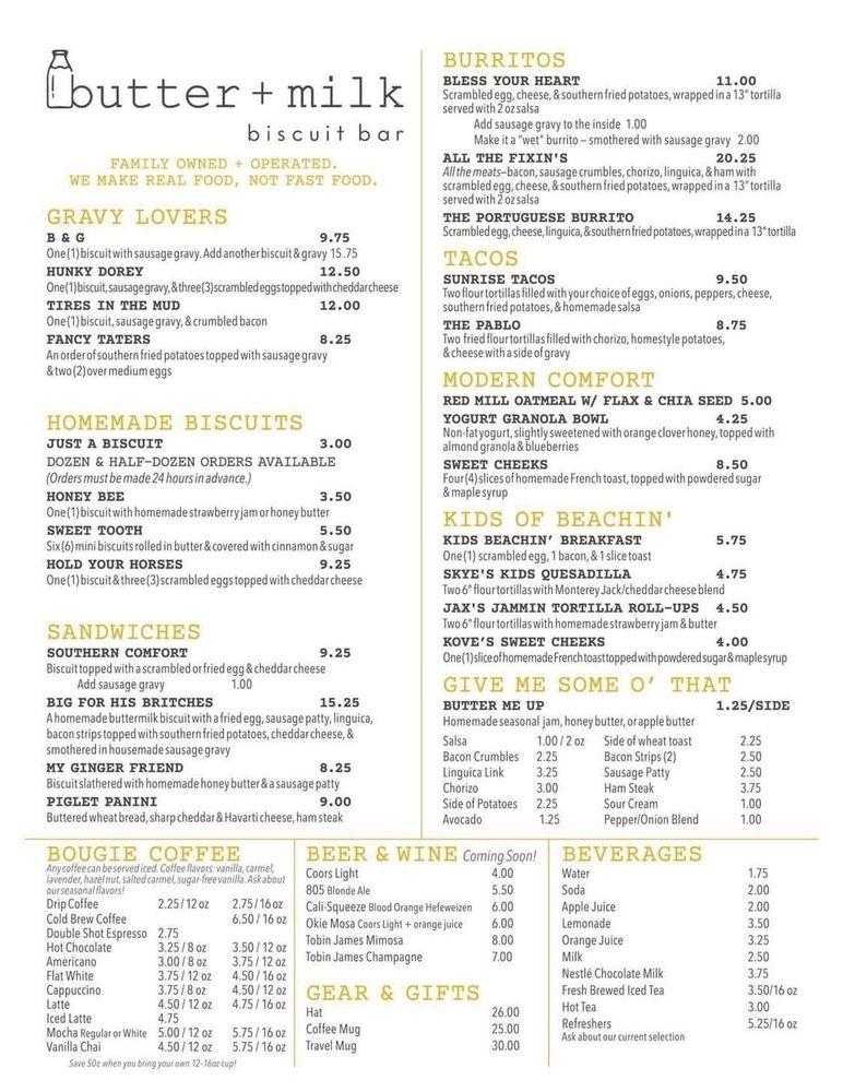 Menu at Butter + Milk Biscuit Bar, Visalia