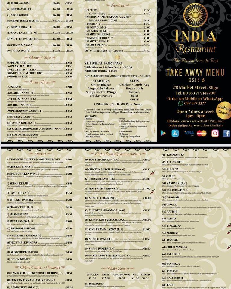 Menu at Classic India Restaurant, Sligo