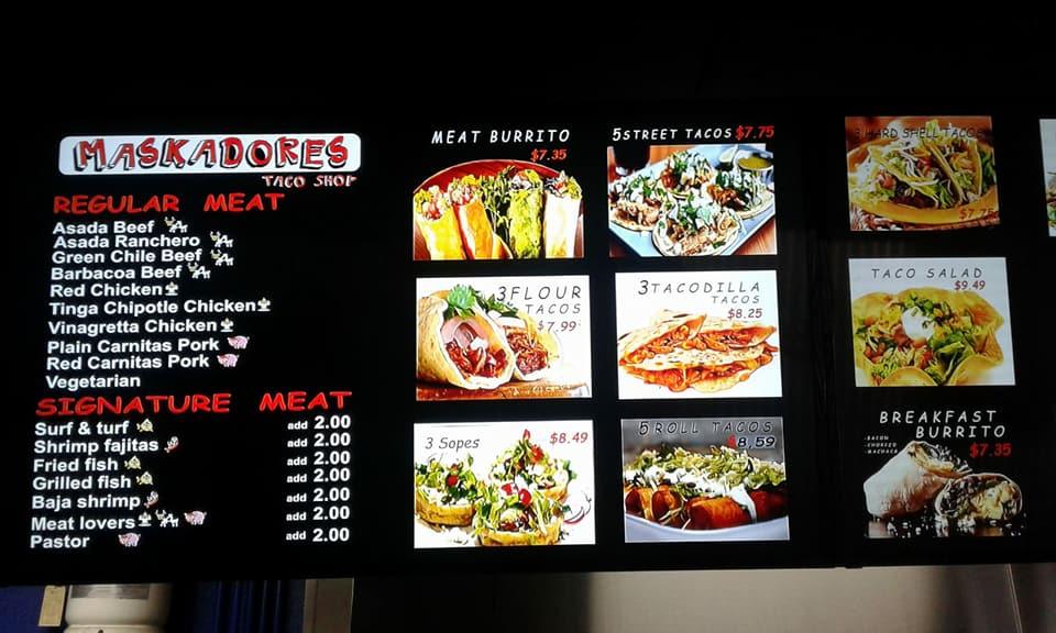 Menu at Maskadores Taco Shop restaurant, Mesa, S Power Rd