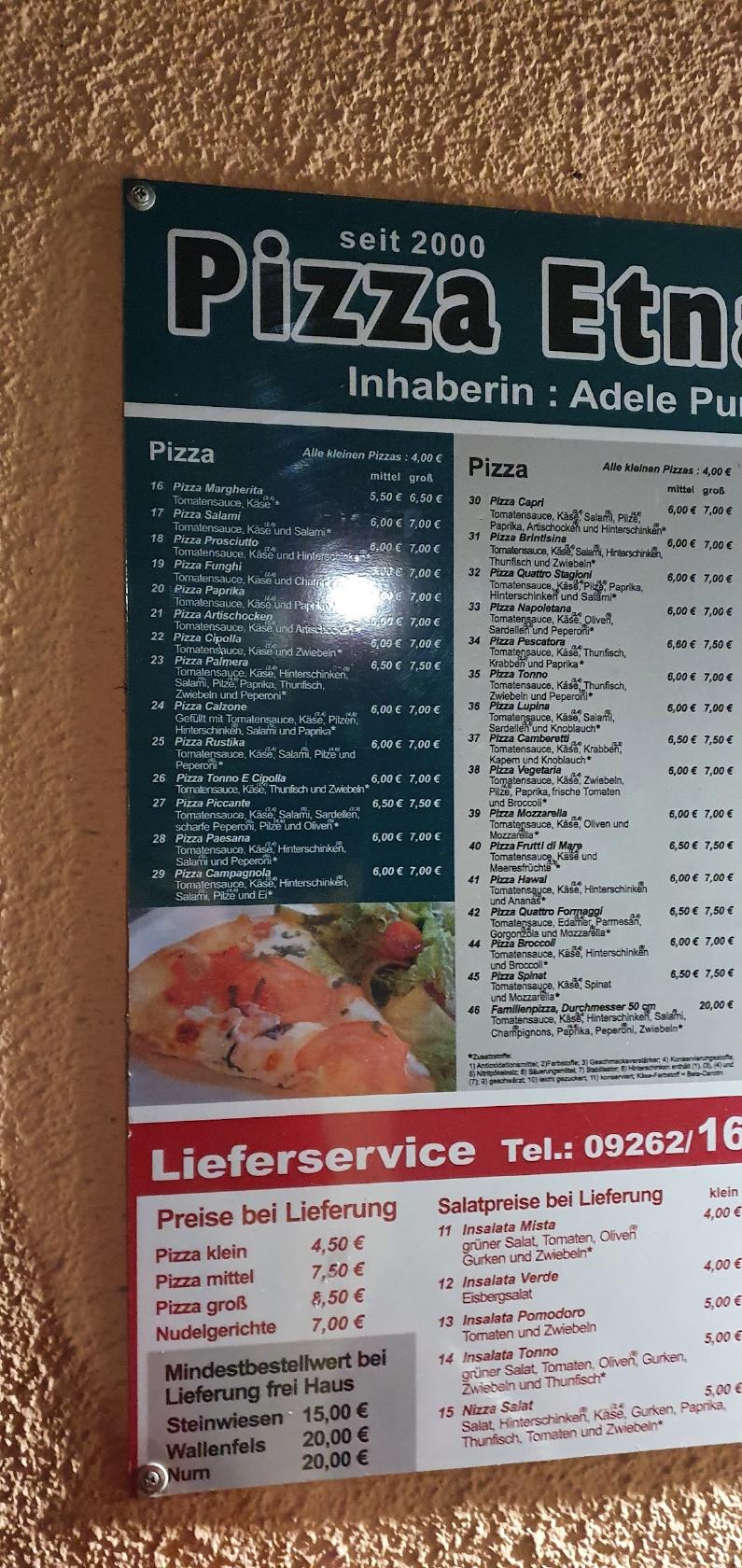 Speisekarte von Pizza Etna, Steinwiesen