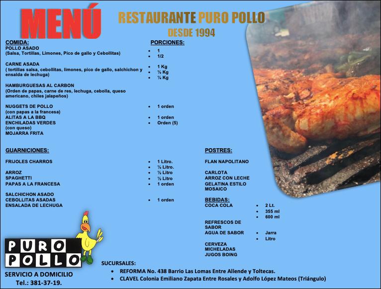 Menu at Puro Pollo restaurant, Ciudad Valles