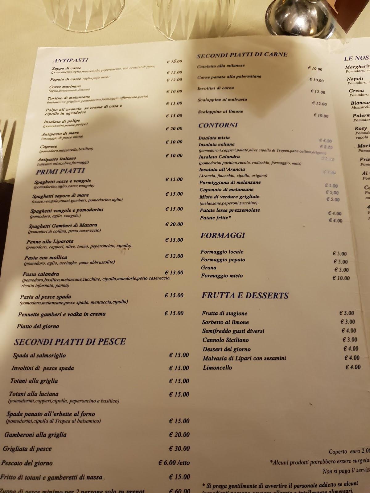 Menu da Ritrovo Calandra Lipari ristorante, Lipari