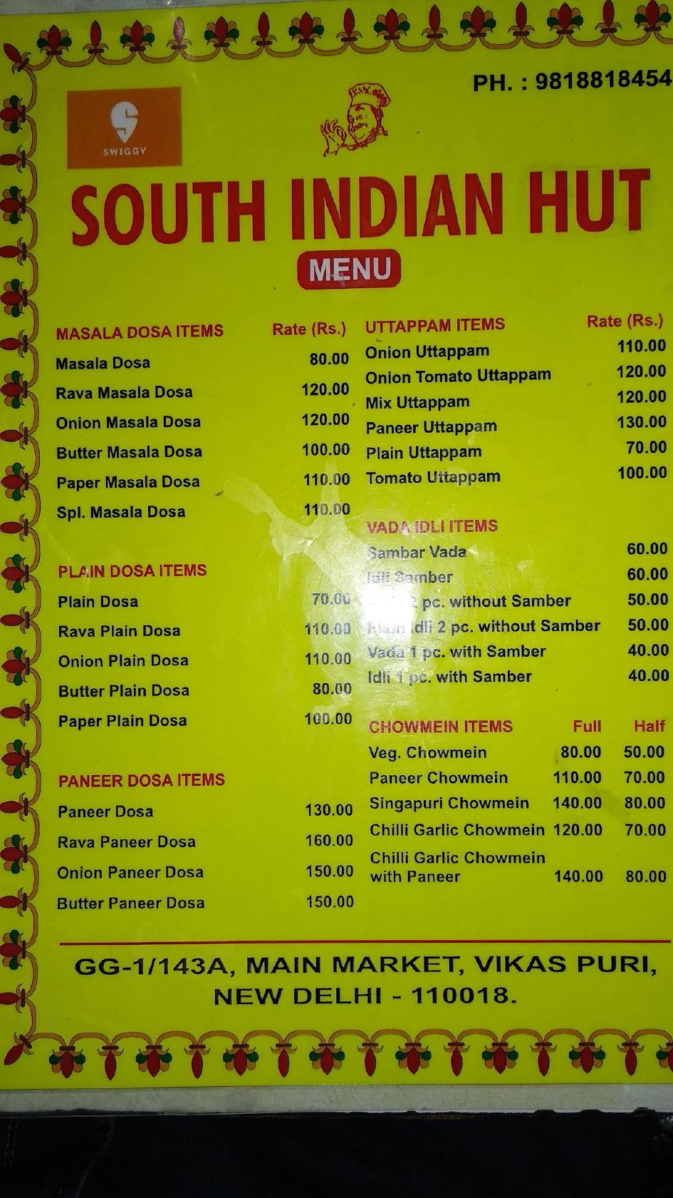 Menu at South Indian Hut, Delhi, GG1
