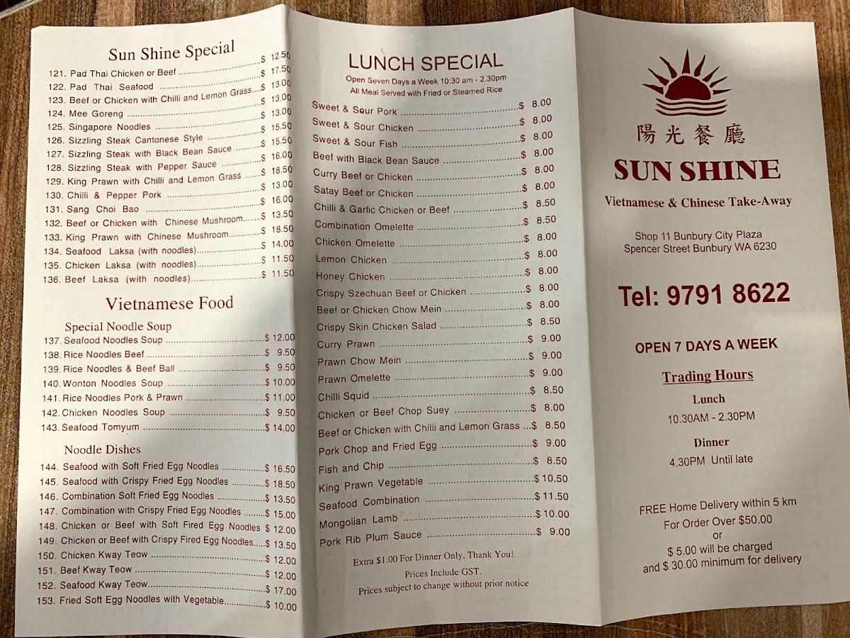 Menu at Sunshine Vietnamese & Chinese Takeaway restaurant, Bunbury ...