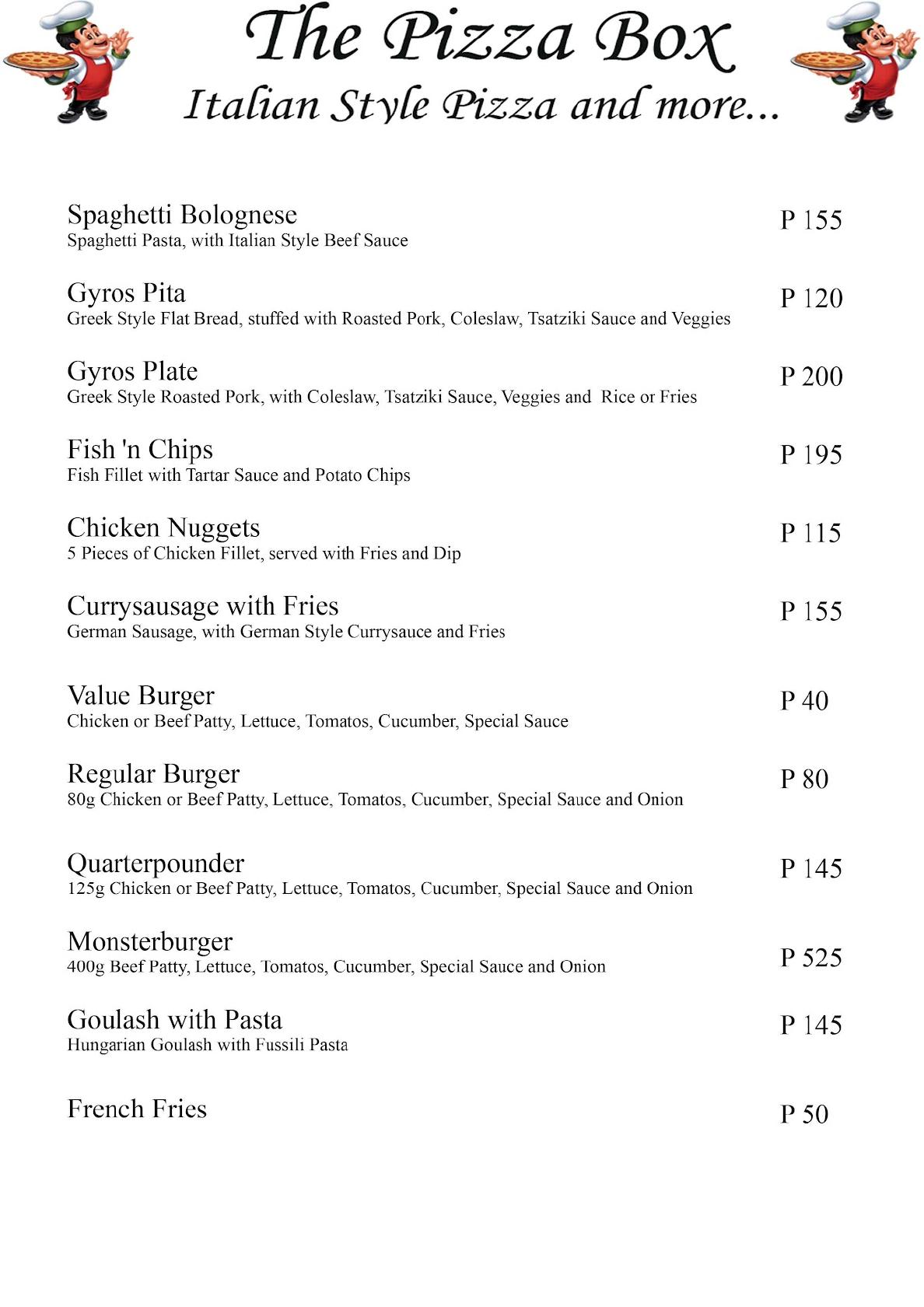 Menu at The Pizza Box restaurant, General Santos City