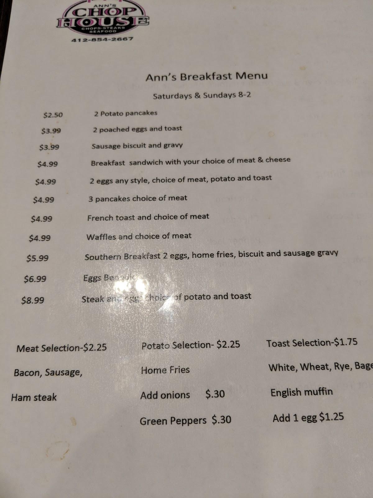 Menu at Ann's Chop House steakhouse, Bethel Park