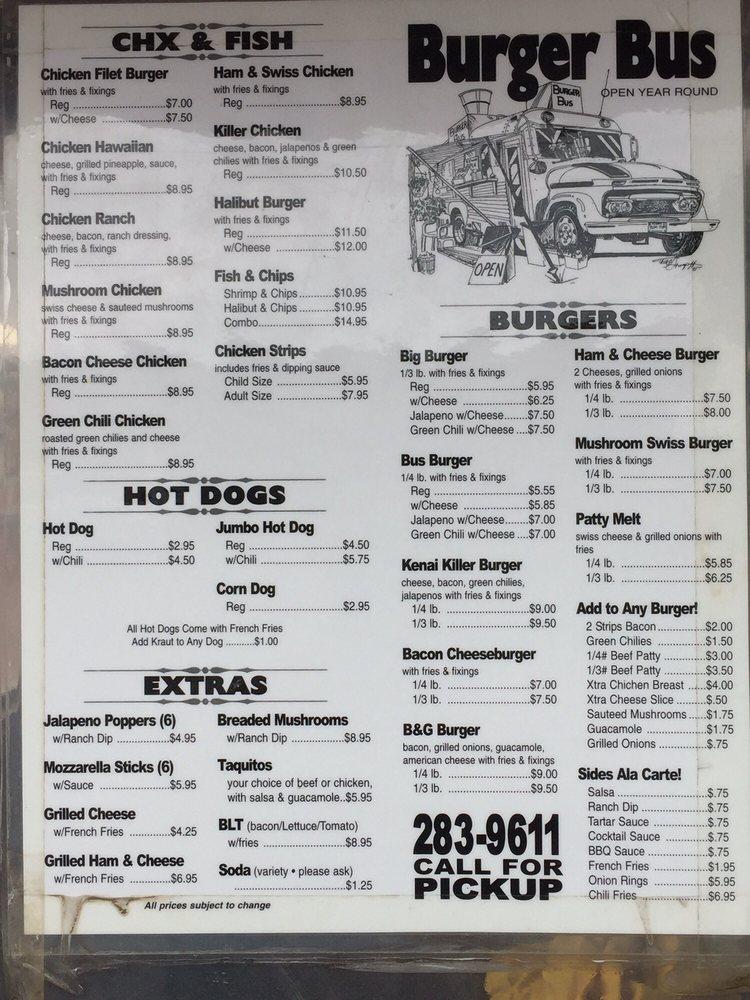 Menu at Burger Bus restaurant, Kenai